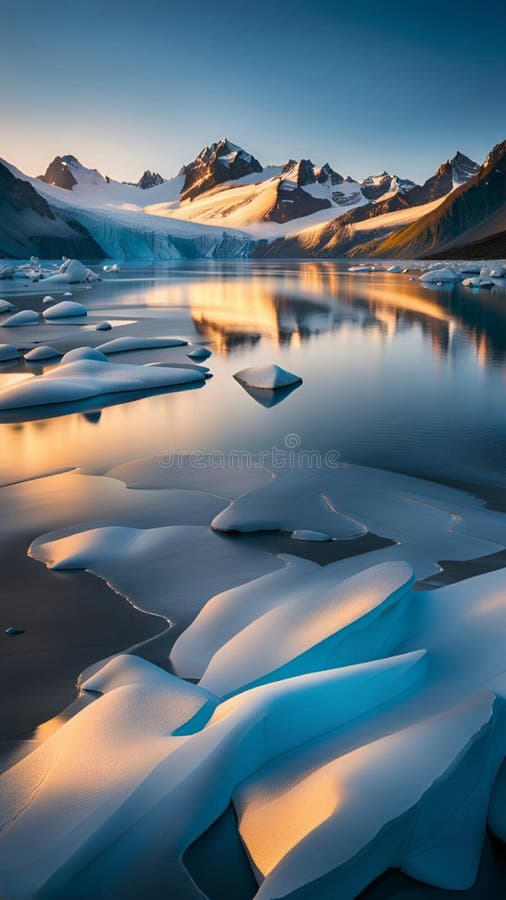 Pristine Glacier Glowing in Golden Light at Sunrise Stock Illustration ...