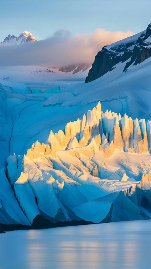 Pristine Glacier Glowing in Golden Light at Sunrise Stock Illustration ...