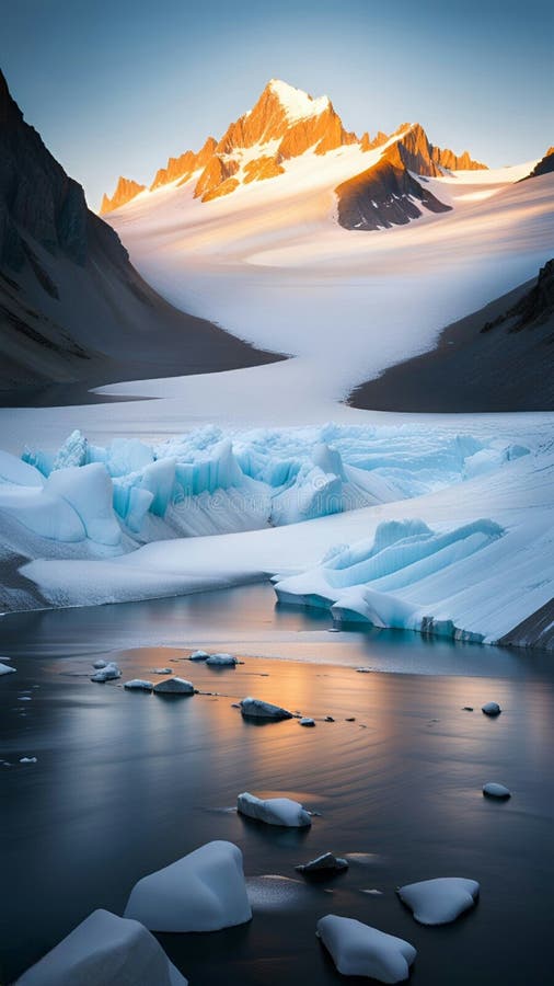 Pristine Glacier Glowing in Golden Light at Sunrise Stock Illustration ...