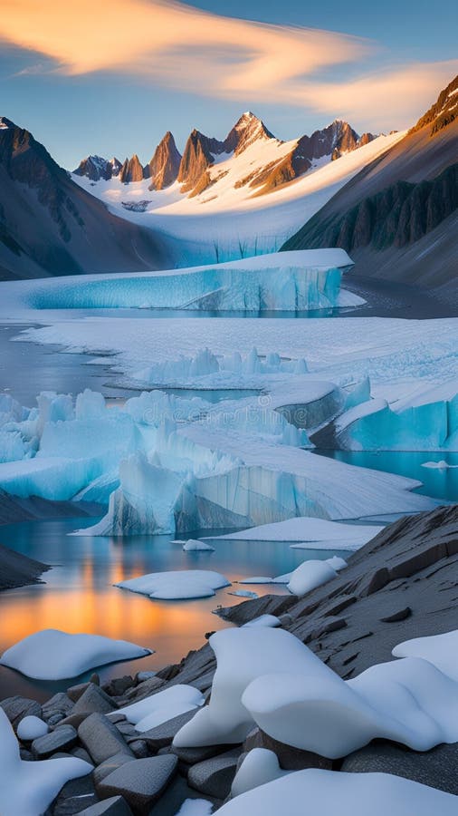 Pristine Glacier Glowing in Golden Light at Sunrise Stock Illustration ...