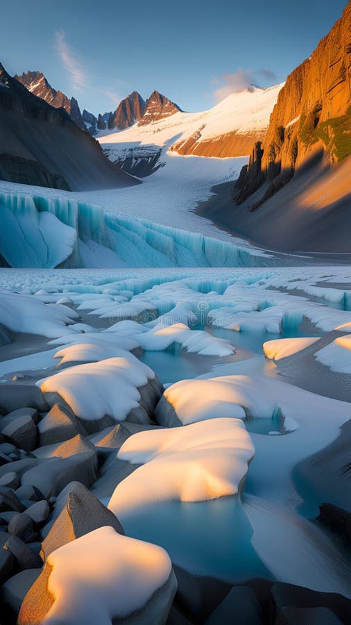 Pristine Glacier Glowing in Golden Light at Sunrise Stock Illustration ...