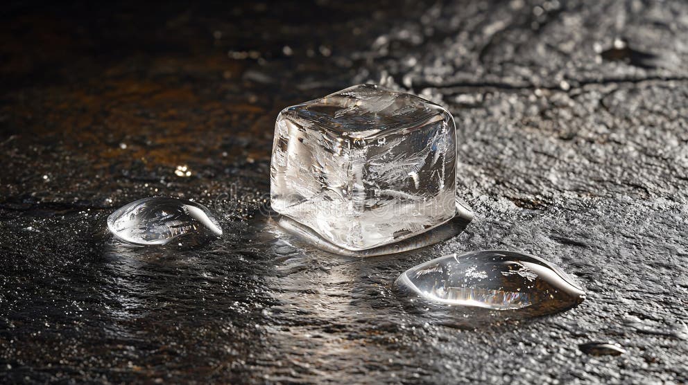 Pristine Ice Cube Melting Slowly on a Dark Surface Capturing the ...