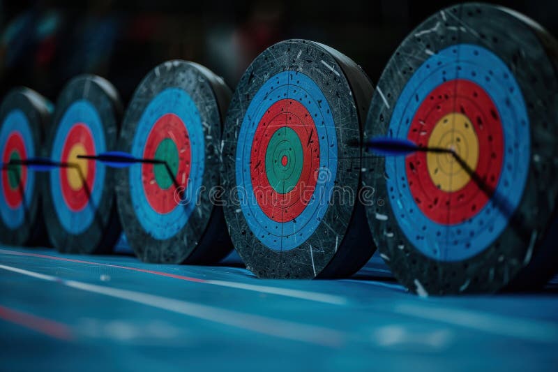 Multiple Archery Targets with Arrows Centered on a Blue Floor ...
