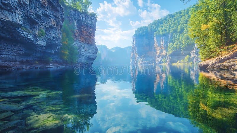 Pristine Lake Reflecting Towering Cliffs and Lush Forests, a ...