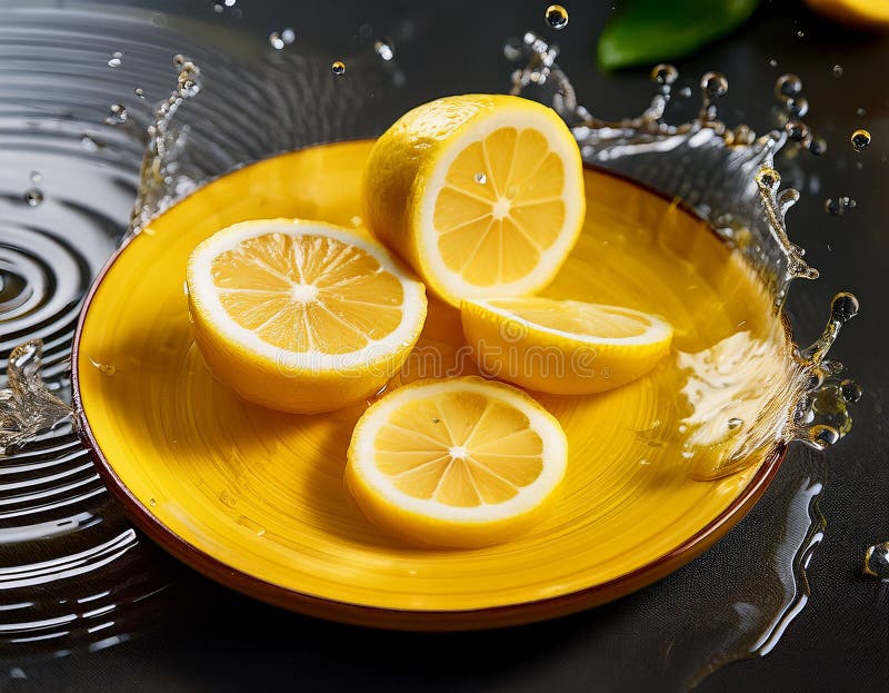 A Pristine Lemon Cut into Quarters on a Bright Yellow Ceramic Plate ...