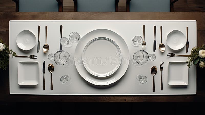 A Pristine Marble Dining Table, Featuring Neatly Arranged White Ceramic ...
