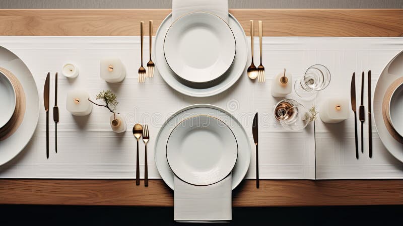 A Pristine Marble Dining Table, Featuring Neatly Arranged White Ceramic ...