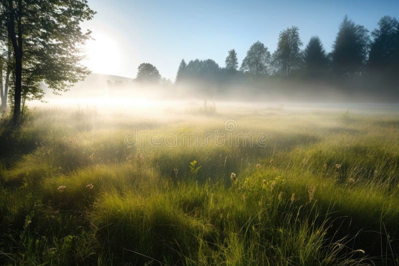 Pristine Meadow in the Morning Light, with Mist Rising from the Grass ...