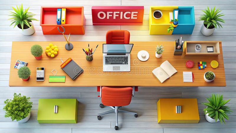 Pristine Office Workspace a TopDown View of a Modern Vibrantly Colored Desk Perfect for ...