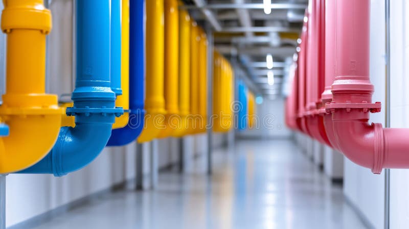 In a Pristine Room, Neatly Arranged Color-coded Pipes and Ducts Create ...