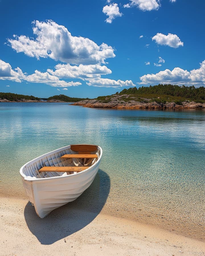 A Pristine Sandy Beach is the Setting for a White Rowboat, with a ...