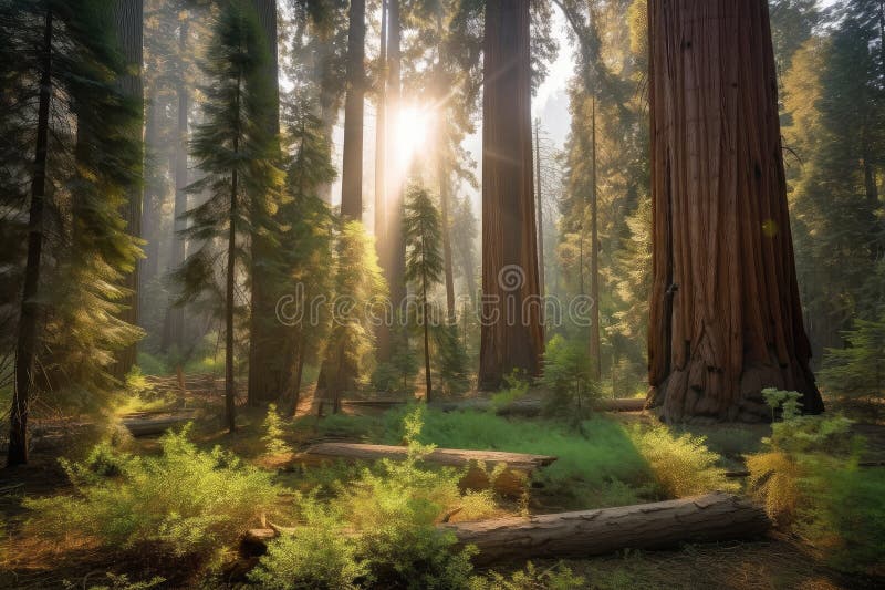Pristine Sequoia Forest with Patches of Sunlight Shining through the ...