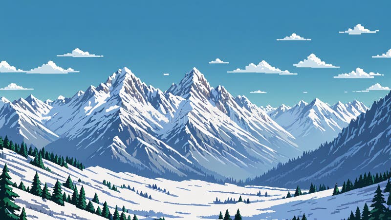 Pristine Snow Peaks Retro Pixel Art Landscape Stock Illustration ...
