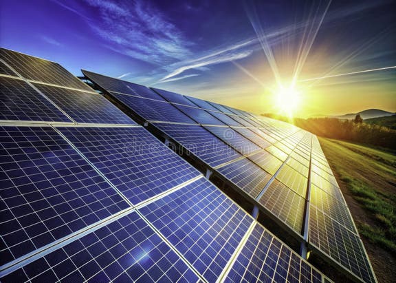 Pristine Solar Panel Array Gleaming Under a Vibrant Blue Sky a Stunning Display of Sustainable ...