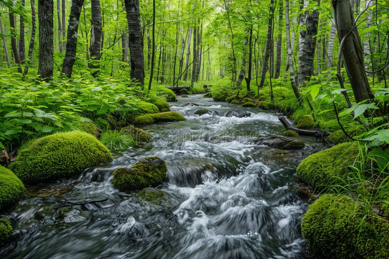 Pristine Stream Flowing through a Moss-covered Forest Floor Stock Illustration - Illustration of ...