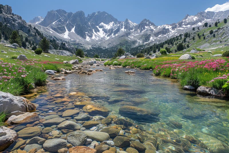 Serene Mountain Stream Flowing through Vibrant Wildflower Meadow Stock ...