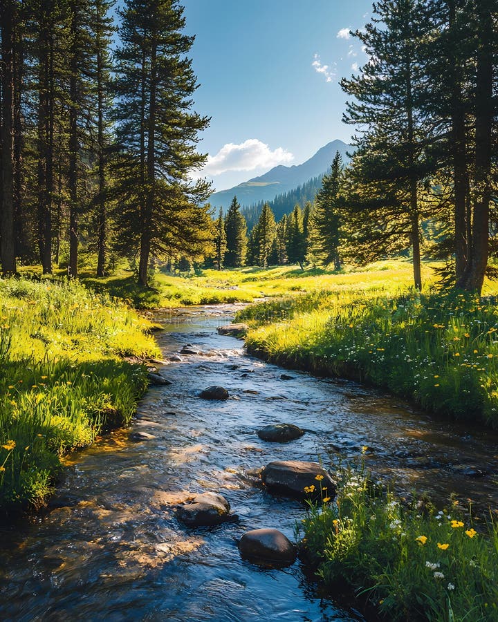 Crystal Clear Stream Flowing Lush Green Meadow Mountain Valley Stock ...