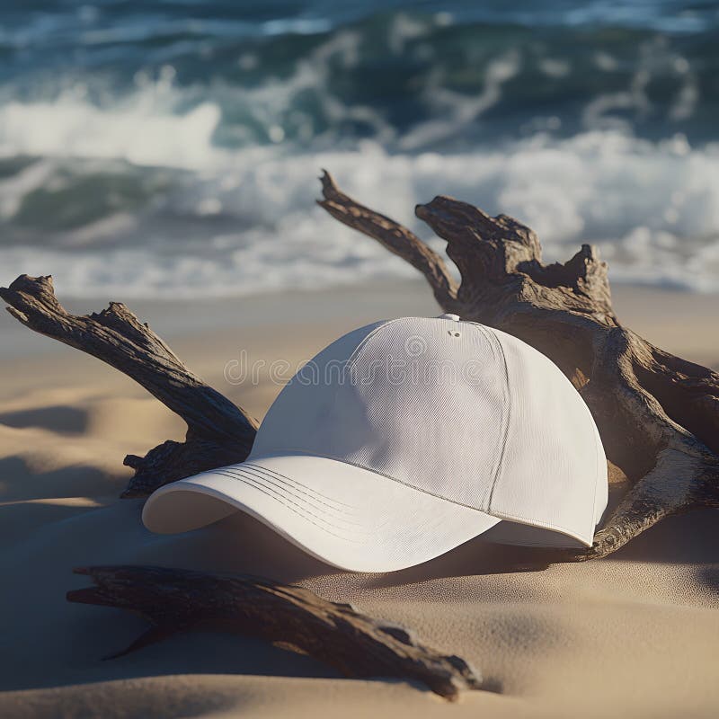 Pristine White Baseball Cap on Driftwood, Sunlit Beach Background ...