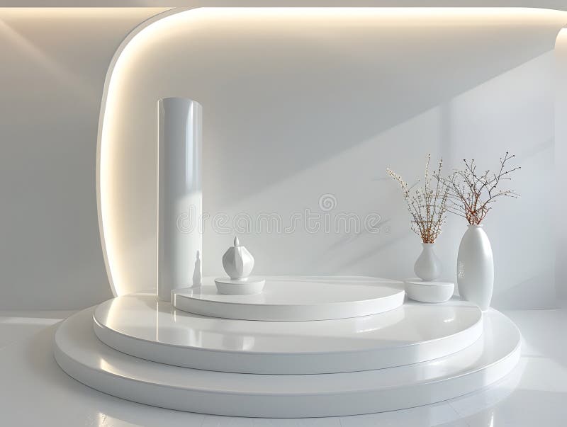 Pristine White Circular Platform with Glossy 3D Cylindrical Display ...