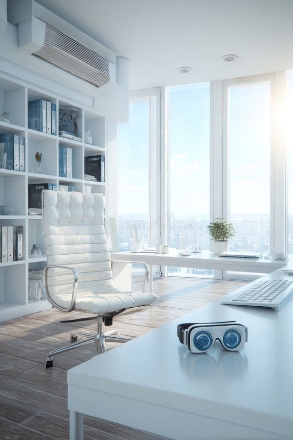 A Pristine White Desk Showcase with a Sleek Virtual Reality Headset ...