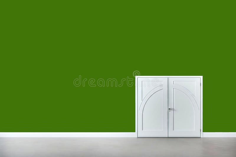 A Pristine, White Door Framed by a Green Gate Stands Inside an Empty ...