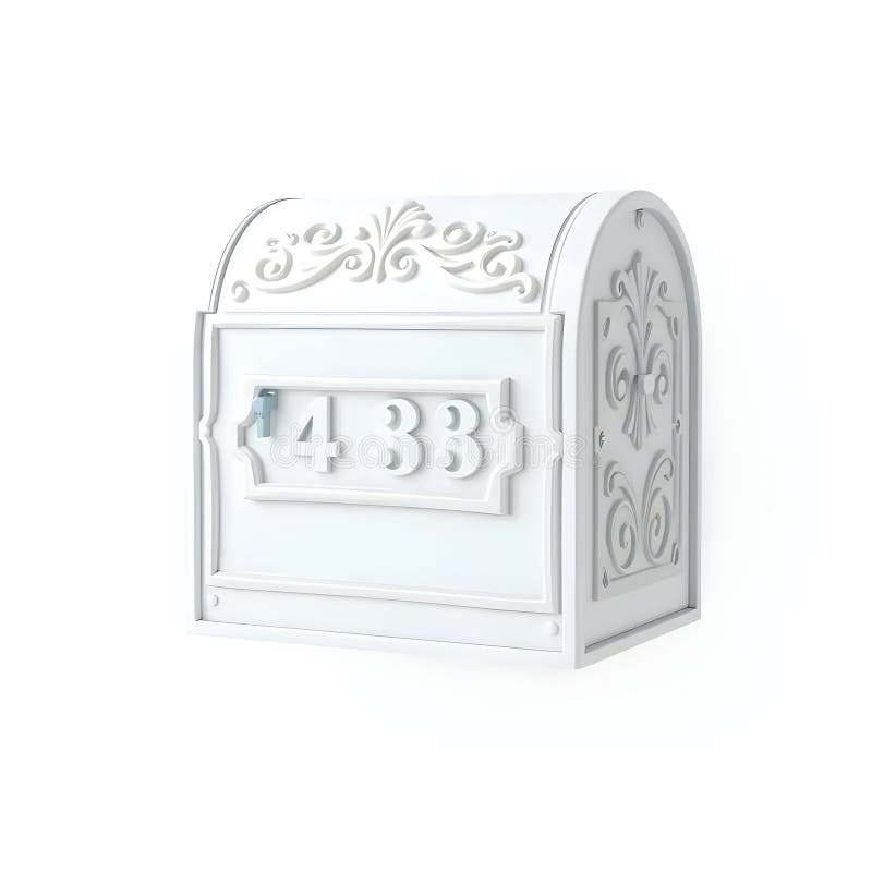 A Pristine White Mailbox with Decorative Ornate Flourishes and Numbers ...