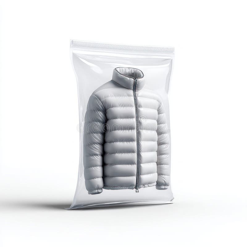 A Pristine White Puffer Jacket Inside a Clear Plastic Bag, Isolated ...