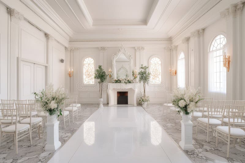 Pristine White Room with Intricate Ceremony Setup for a Classic ...