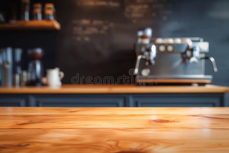 Pristine Wooden Table, Espresso Machine Out of Focus Behind Stock Photo ...