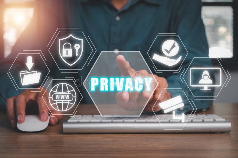 Businessman Working on Computer with Privacy Icon on Virtual Screen ...