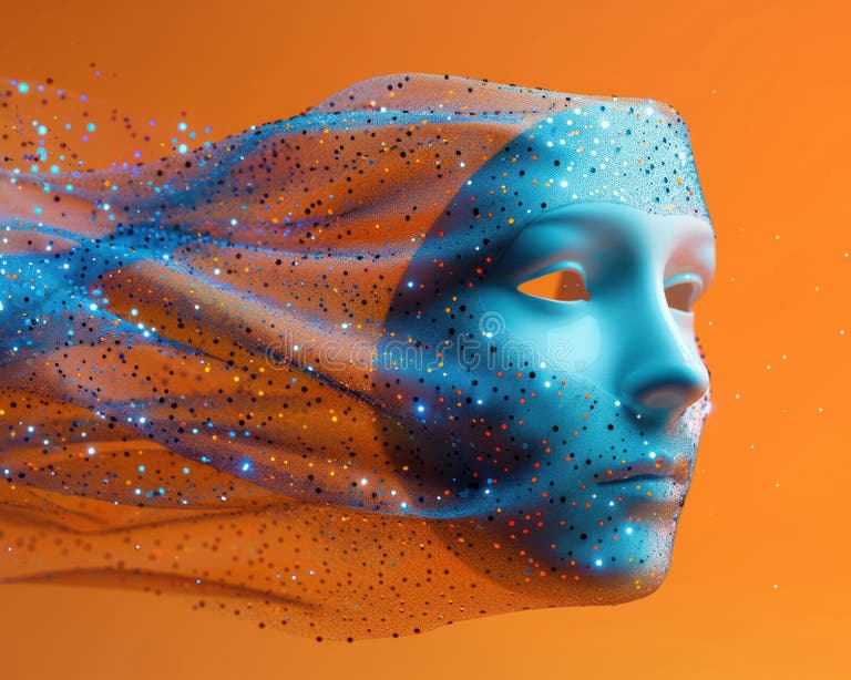 Privacy Concept: Minimalist White Mask Hiding Blue Data Dots Stream ...