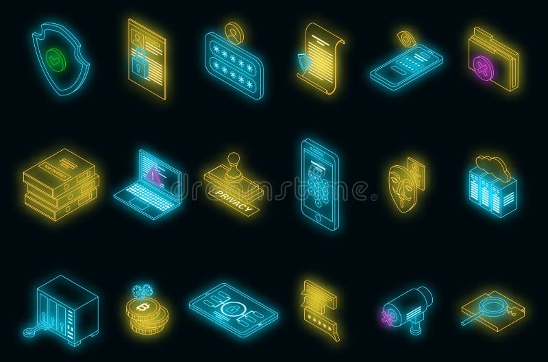 Privacy Icons Set Vector Neon Stock Vector - Illustration of detect ...