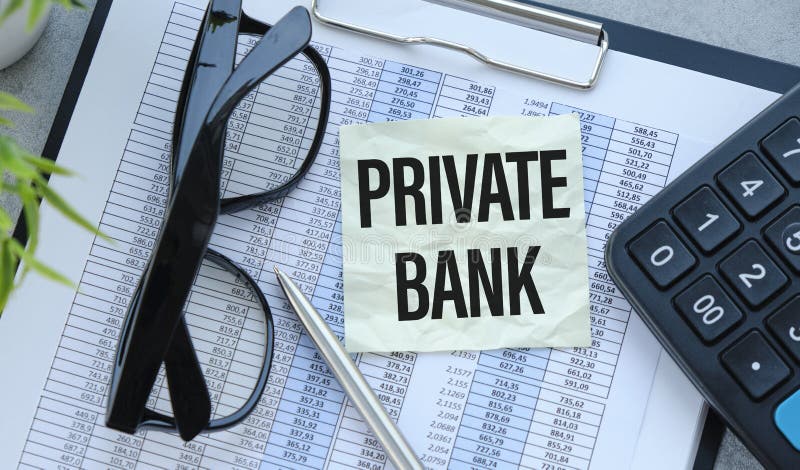 Private Bank Text with Calculator, Glasses and Pen on the Chart ...