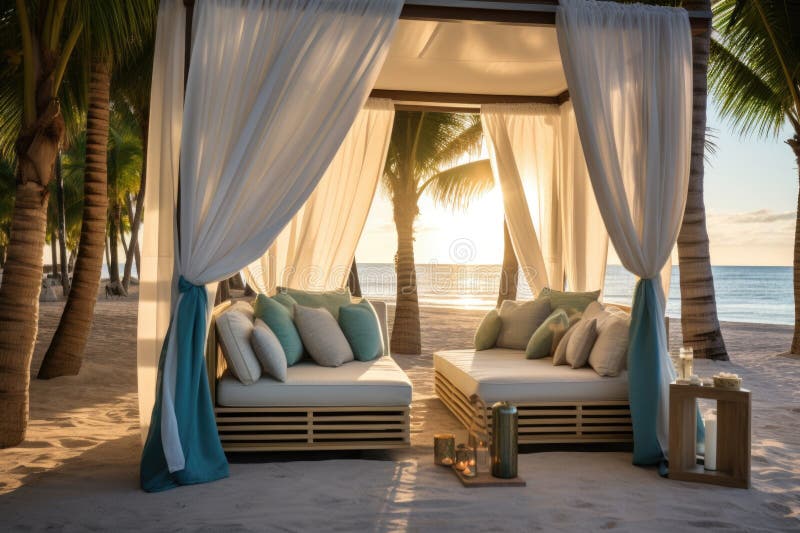 Private Beach Cabana with Lounge Chairs and Champagne Stock Photo ...