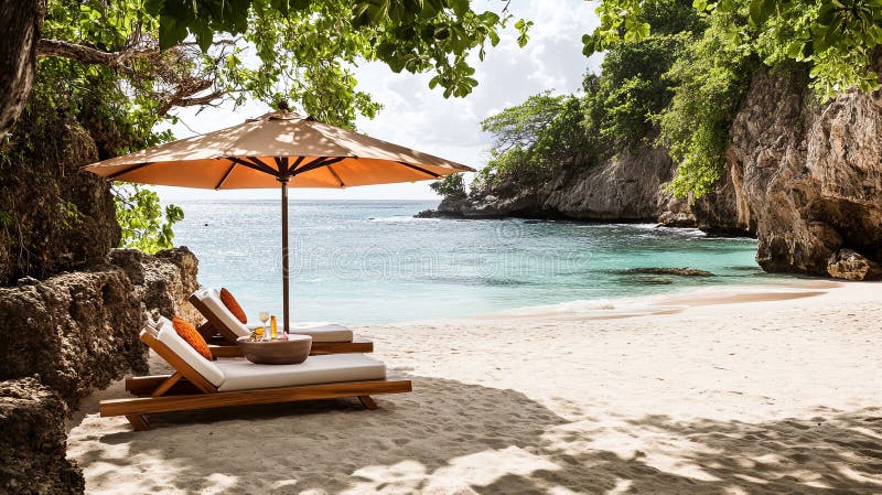 A Private Beach Setup with a Single Umbrella, a Lounger, and a Chilled ...