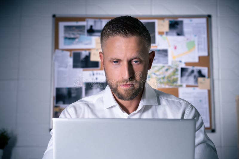 Private Detective Man Searching Online Stock Image - Image of office ...