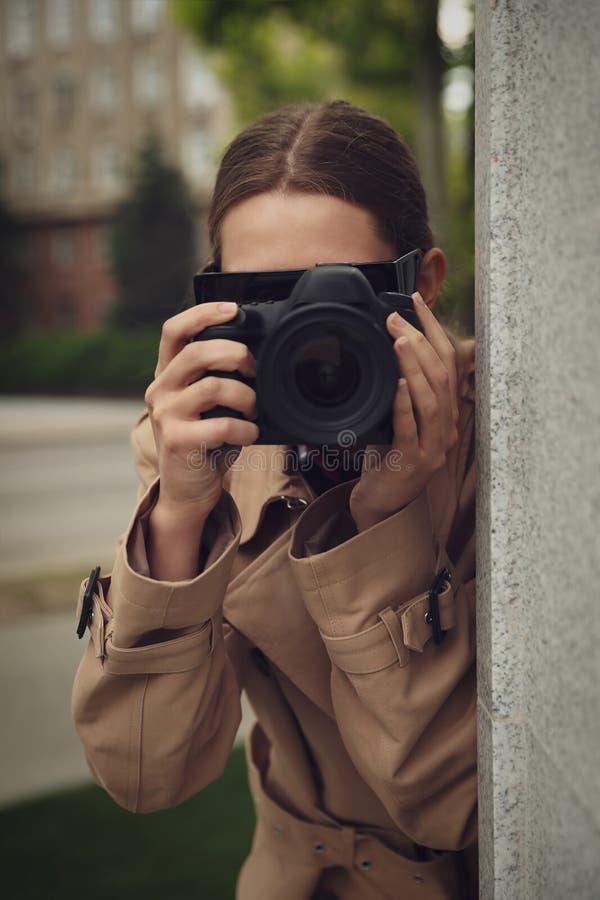 Private Detective with Modern Camera Spying on City Street Stock Image ...