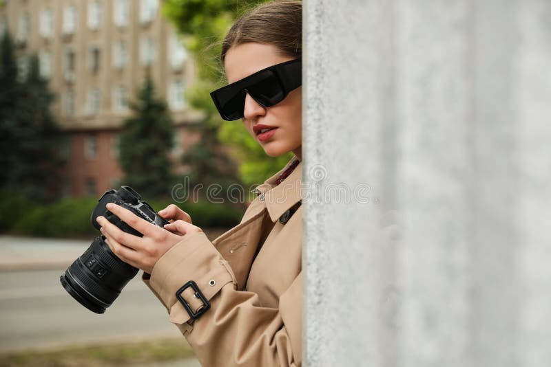 Private Detective with Modern Camera Spying on City Street Stock Image ...