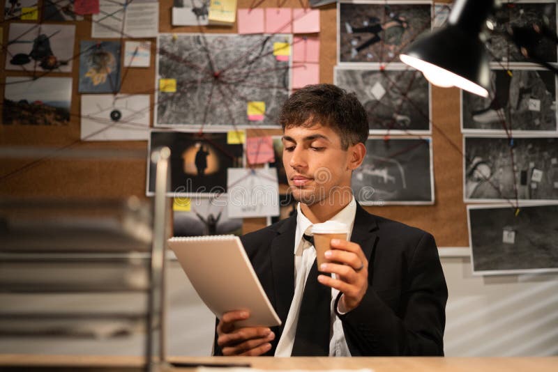 Private Detective Working at Desk in His Office, Drinking Coffee and ...