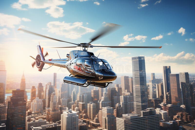 Private Helicopter in Front of the Skyscrapers of the Business District ...