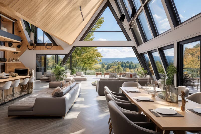 Private House Interior Design, Large Panoramic Windows, Triangular Roof ...
