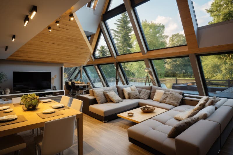 Private House Interior Design, Large Panoramic Windows, Triangular Roof ...