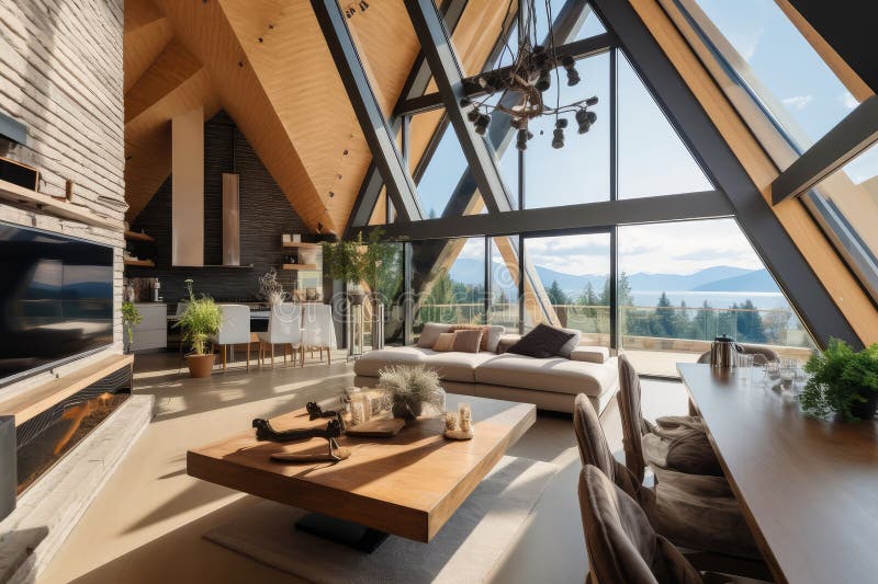 Private House Interior Design, Large Panoramic Windows, Triangular Roof ...