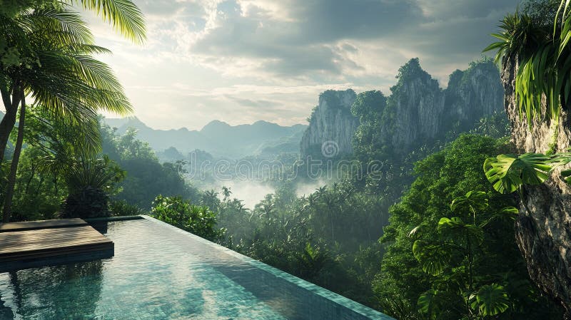 A Private Infinity Pool Overlooking a Lush Jungle Landscape. Digital ...