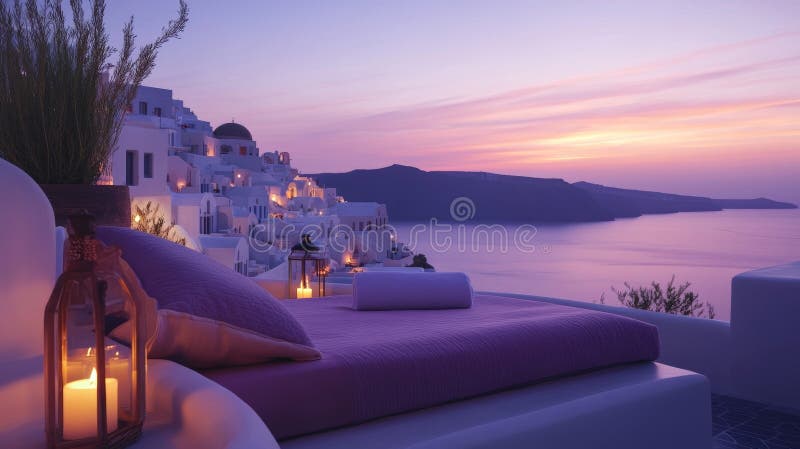 Private Jacuzzi and Cliffside View with Candles Create a Romantic Santorini Sunset Stock Photo ...