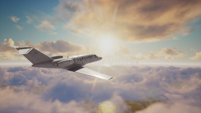 Private Jet Airplane Flying Above Dramatic Clouds, 3d Render Stock ...