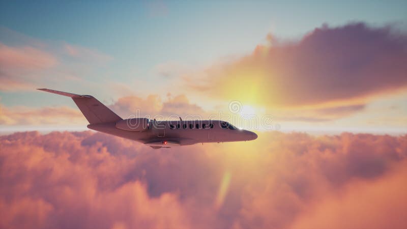 Private Jet Airplane Flying Above Dramatic Clouds, 3d Render Stock ...
