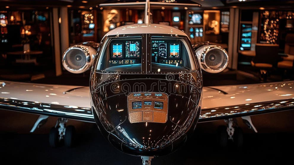 Private Jet Cockpit at Night Dark Interior Illuminated Control Panel ...