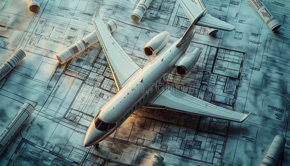 Private Jet on Detailed Technical Blueprints Layout Stock Photo - Image ...