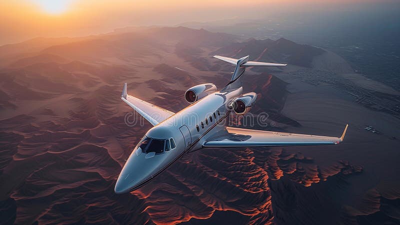 Private Jet Flying Over Mountains in Beautiful Sunset Light. AI ...
